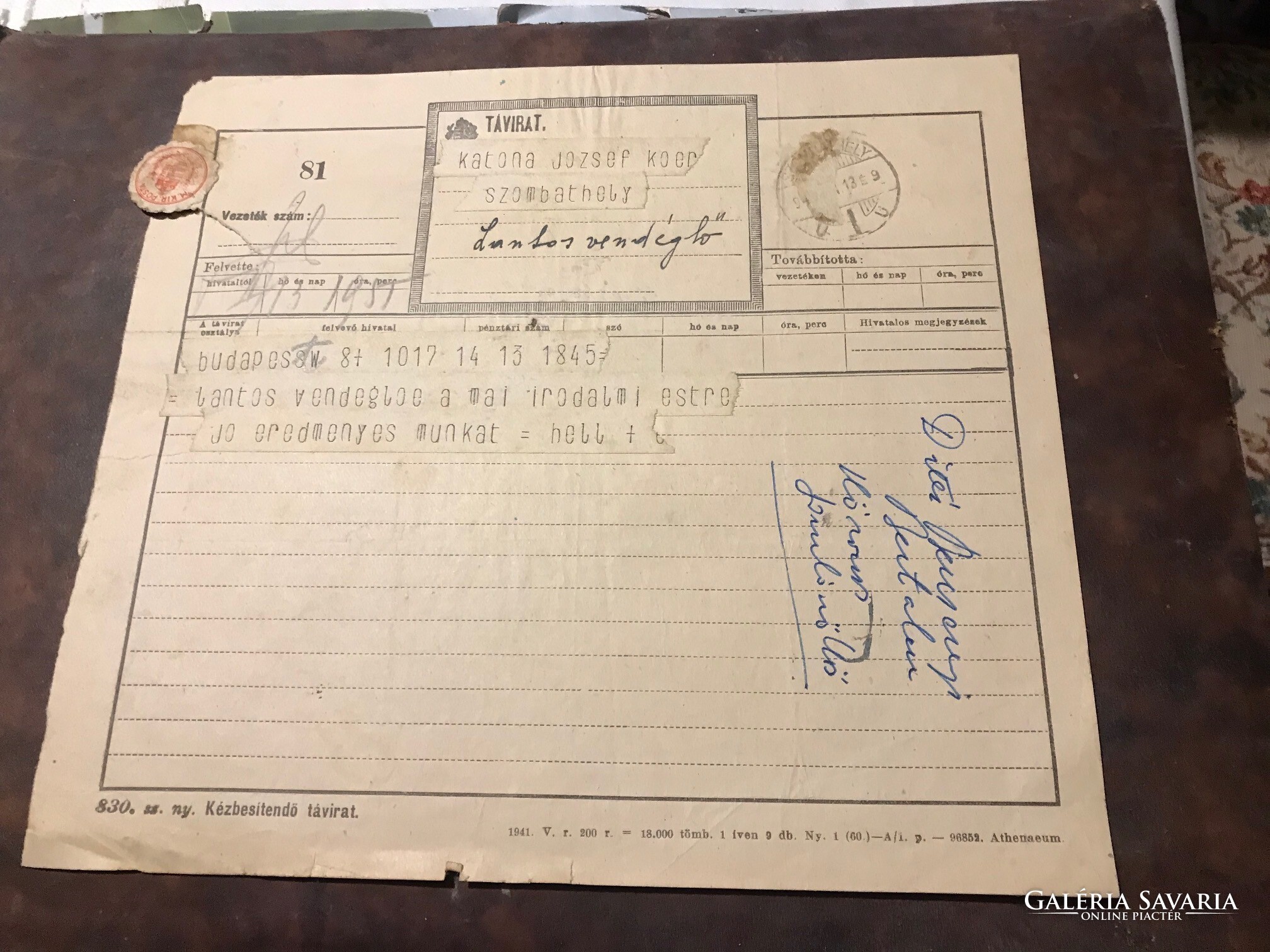 Régi távírat,Szombathely 1940-es évekből,sérült állapotban.A Magyar ...