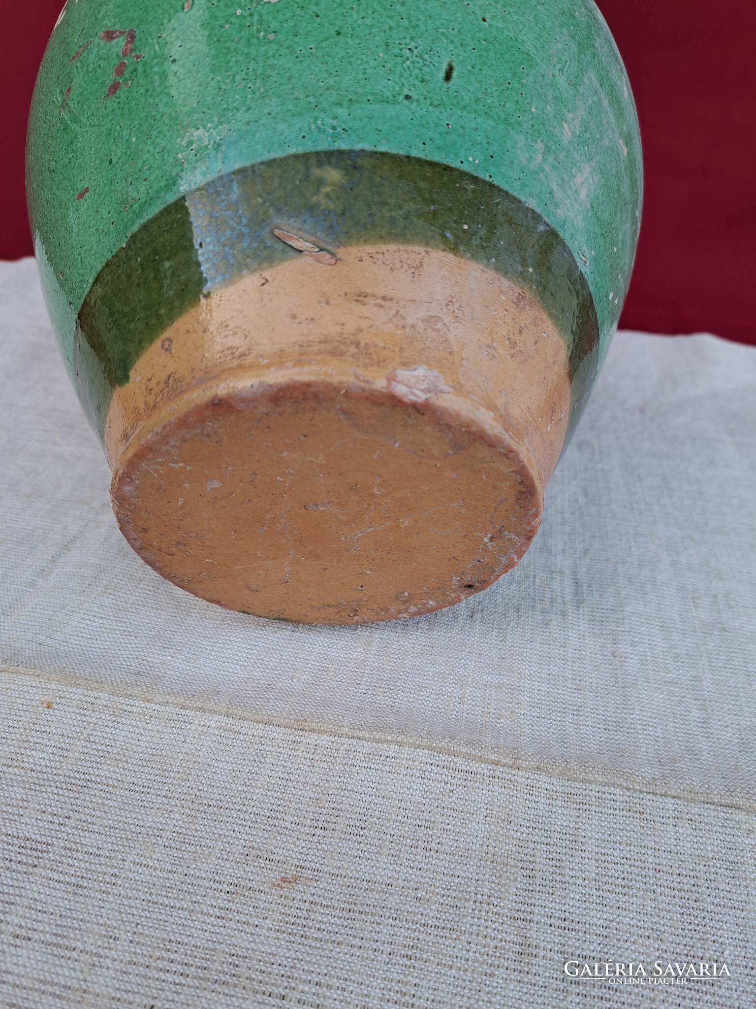 Gyönyörű régi zöld mázas Csákvár ? ALFÖLD ? Butykoskorsó korsó kerámia ...