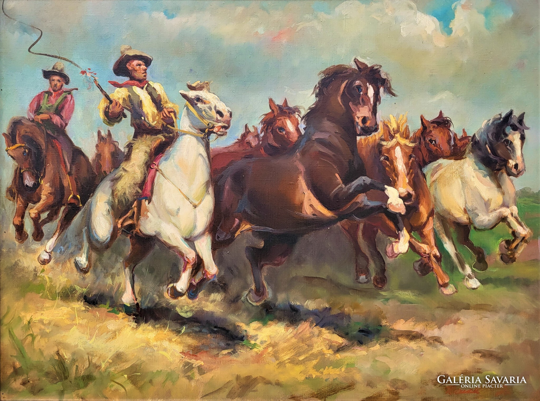 Painter János Baukó (1936– ) painting foals herding stallions 92x72cm ...