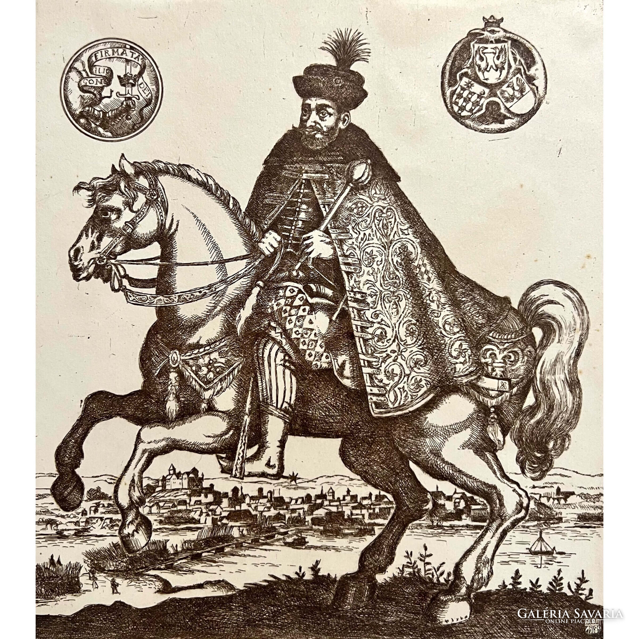 Budai Tibor (1946- ) Bethlen Gábor, 1989 - részletgazdag barnás rézkarc ...