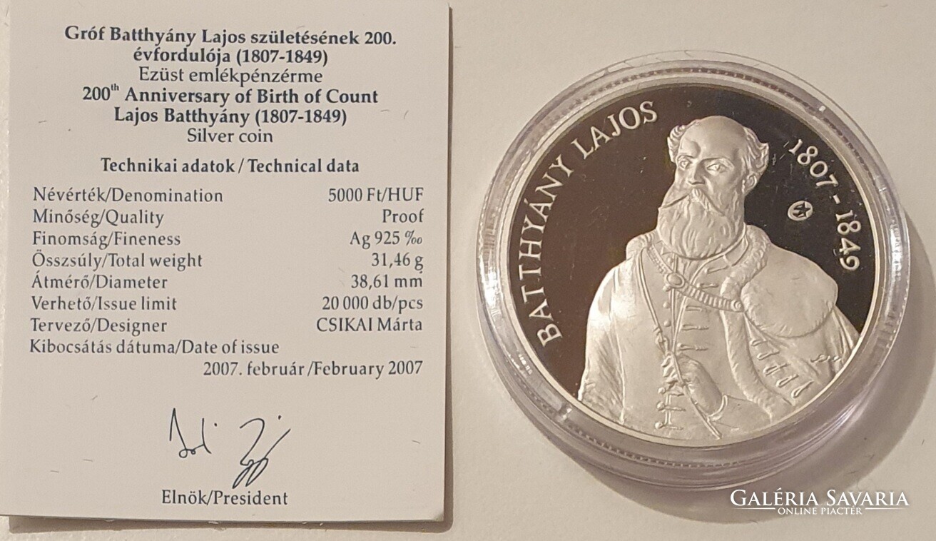 Gróf Batthyány Lajos születésének 200. évfordulója, 5.000 Ft-os ezüst ...