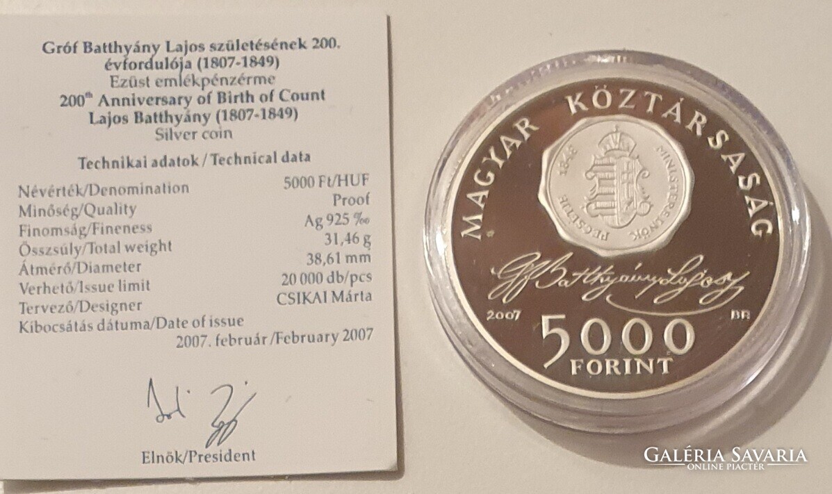 Gróf Batthyány Lajos születésének 200. évfordulója, 5.000 Ft-os ezüst ...