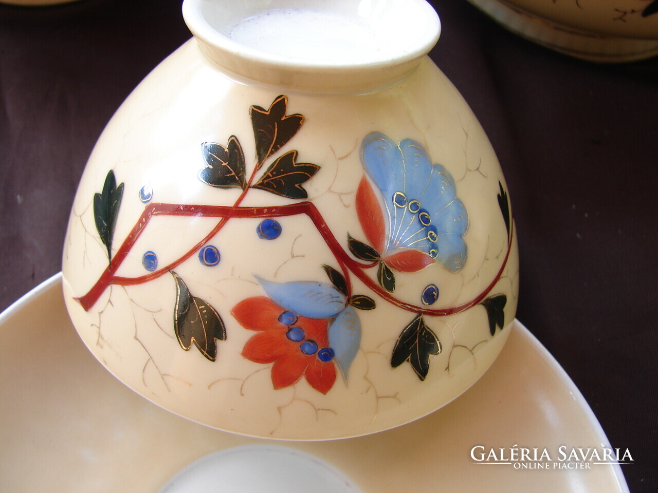 Szecessziós, 2 személyes kézzel festett teás készlet. Hibátlan, jelzés ...