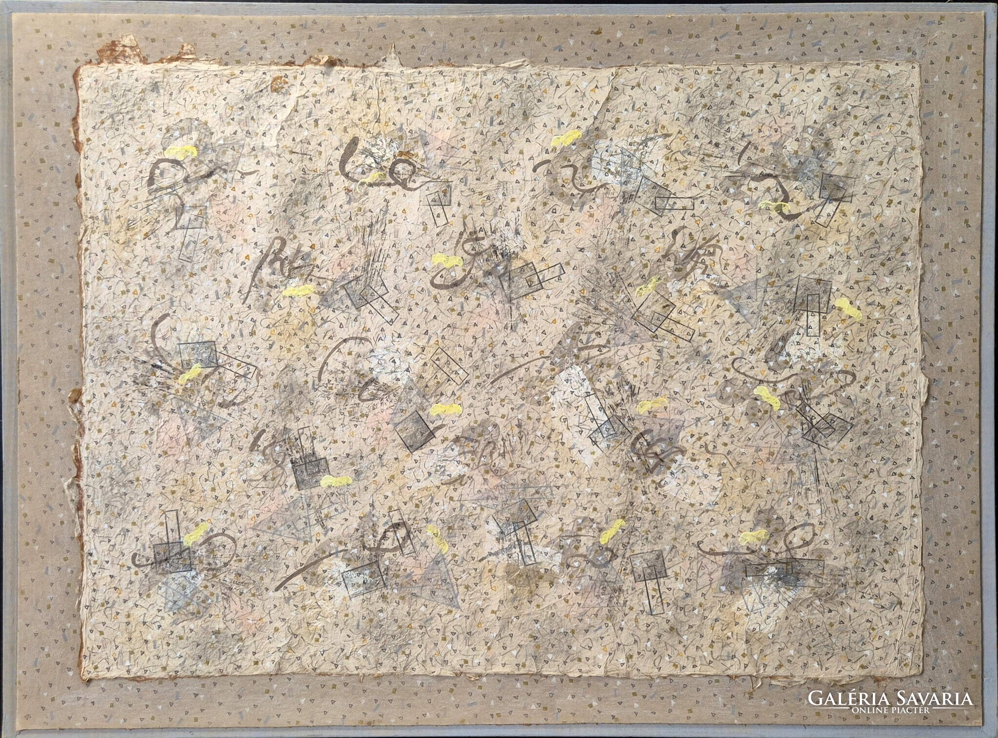 Kiss Ilona - Sárga kompozíció 58 x 78 cm vegyes technika, papír, karton ...