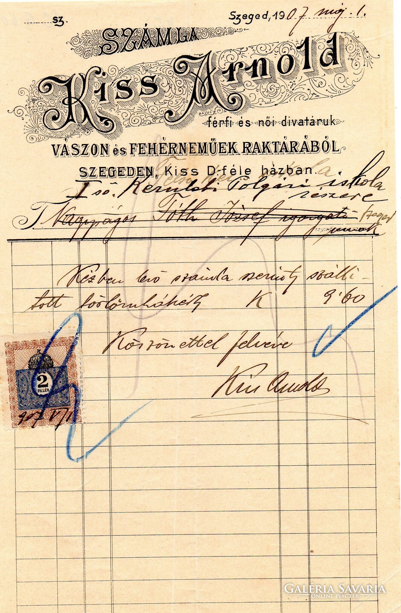 Régi számla. Kiss Arnold, Szeged 1907. - Gyűjtemény | Galéria Savaria ...