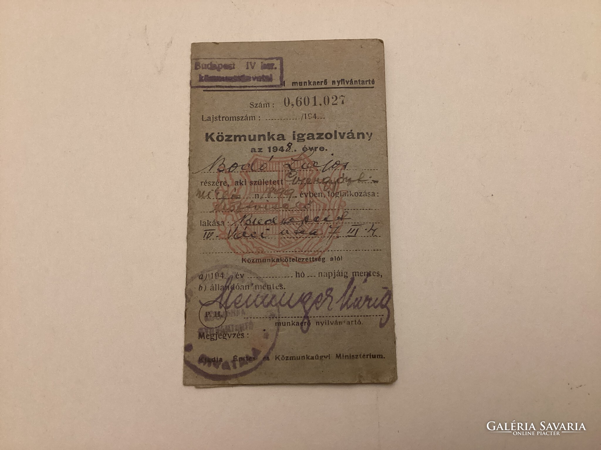 Közmunka Igazolvány 1948 . - Gyűjtemény | Galéria Savaria online ...