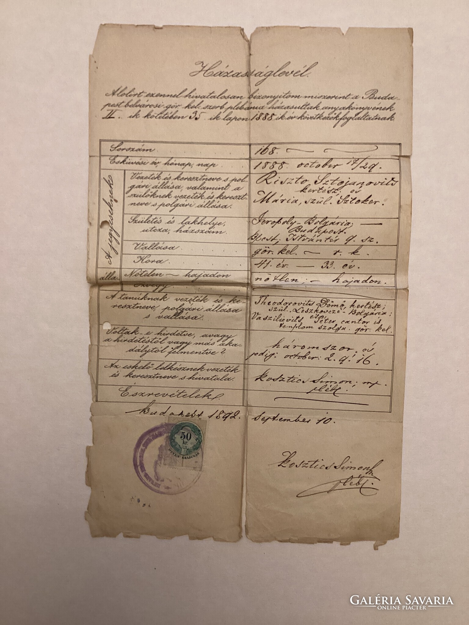 Házasságlevél ( 1892 ) . - Gyűjtemény | Galéria Savaria online piactér ...