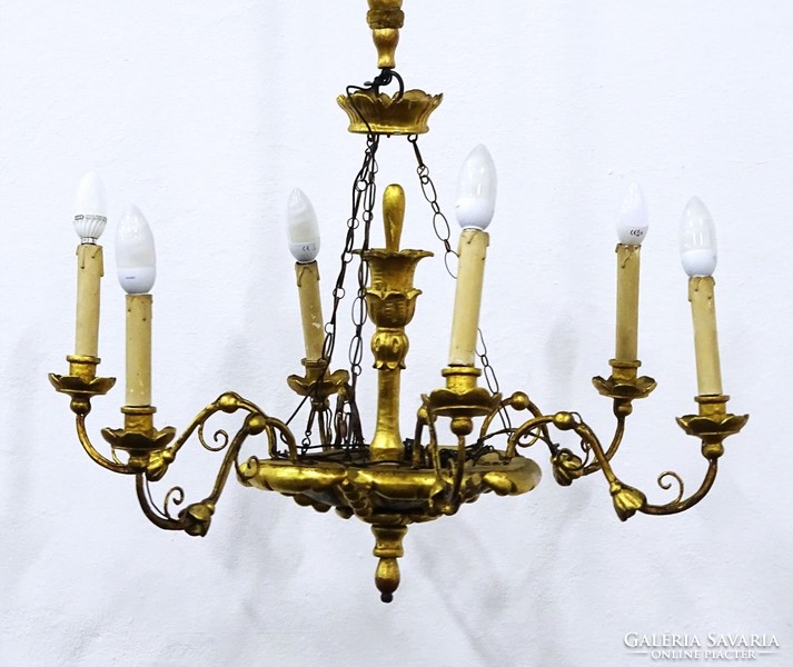 Régi ötágú csillár kocsíkerékkel festett kerámia búrákkal. - Lámpa ...