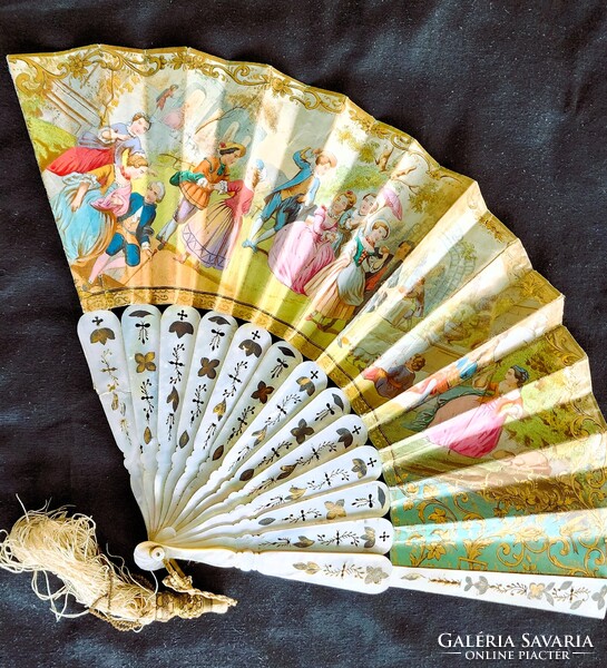 Antique Rococo fan 18th century French silver inlay mother-of-pearl ...