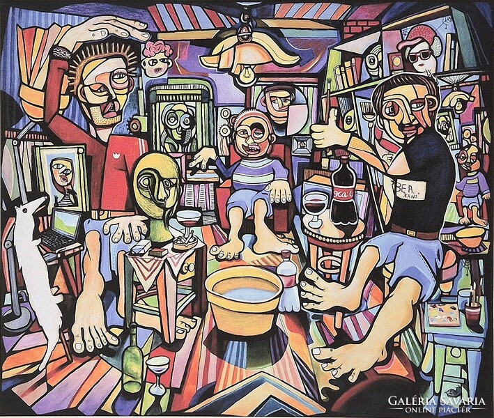 Vinkó Leó - Levente és a zöld fejek 30,5 x 30,5 cm computerprint, merített papír - Kép, grafika ...